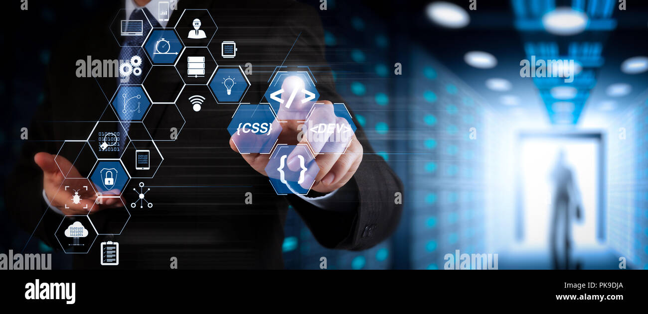 Coding software developer work with augmented reality dashboard ...