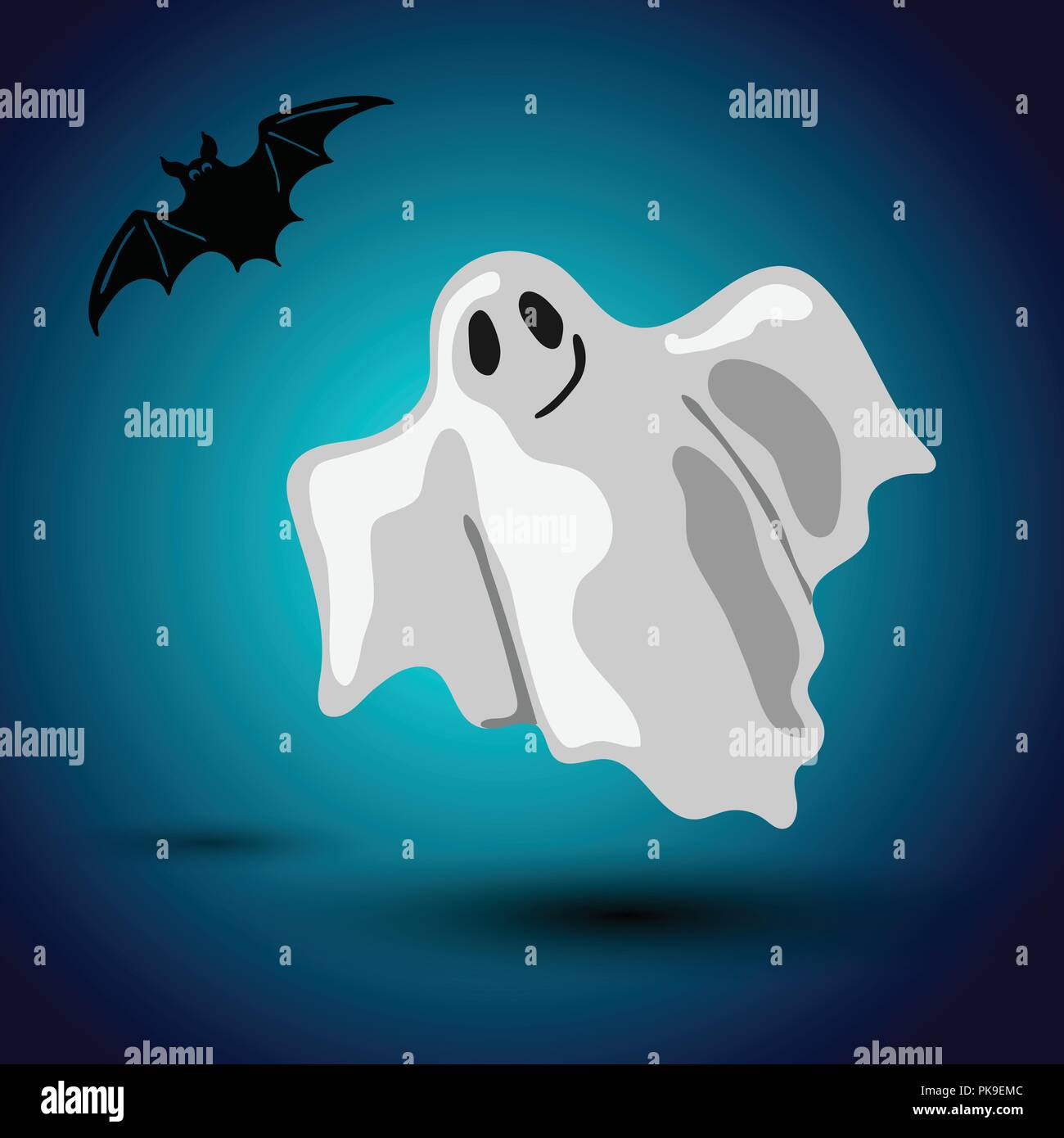 Cartoon style vector Halloween flyer design with ghost and bat flying ...