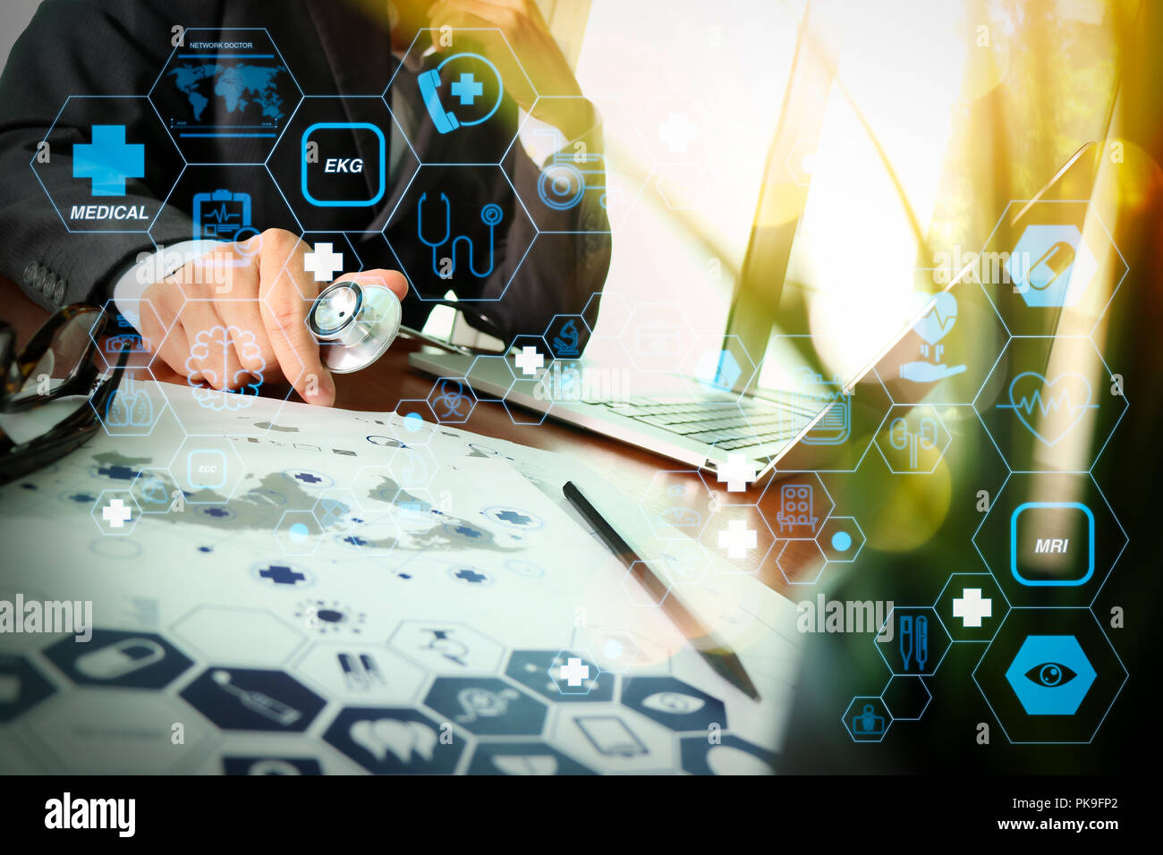 Health care and medical technology services concept with flat line AR ...