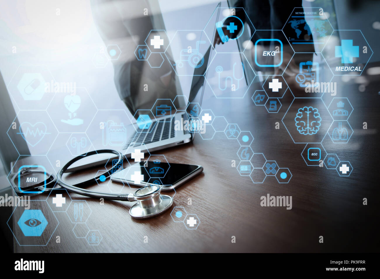 Health care and medical technology services concept with flat line AR ...