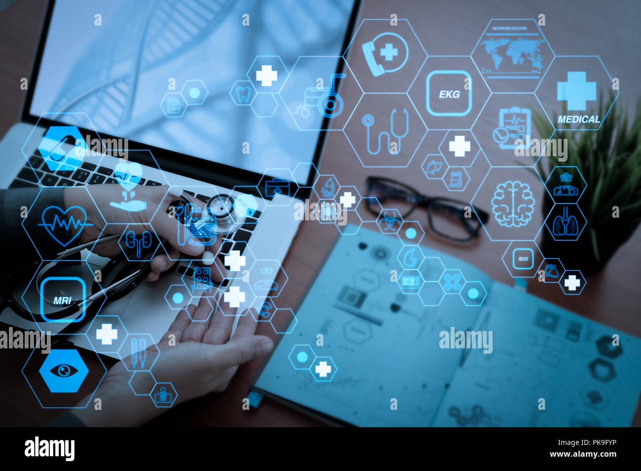 Health care and medical technology services concept with flat line AR ...