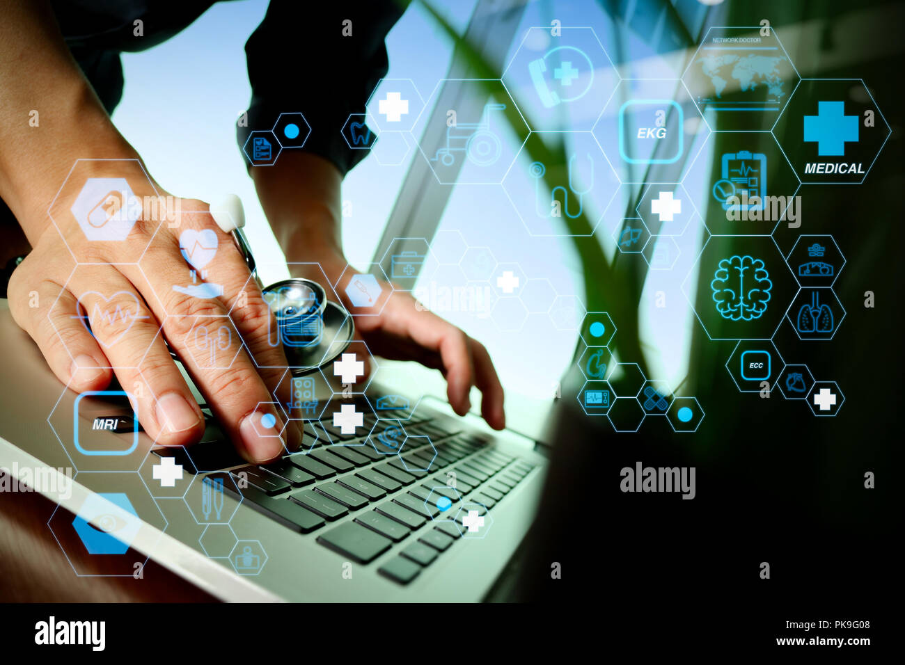 Health care and medical technology services concept with flat line AR ...