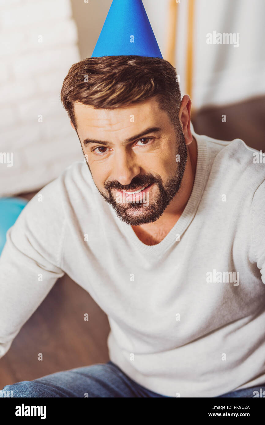 Jolly cheerful man waiting for congratulations Stock Photo - Alamy