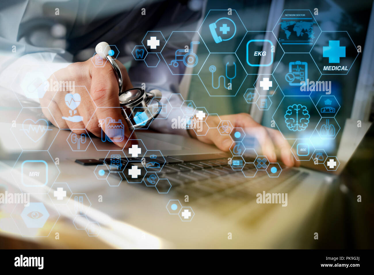 Health care and medical technology services concept with flat line AR ...