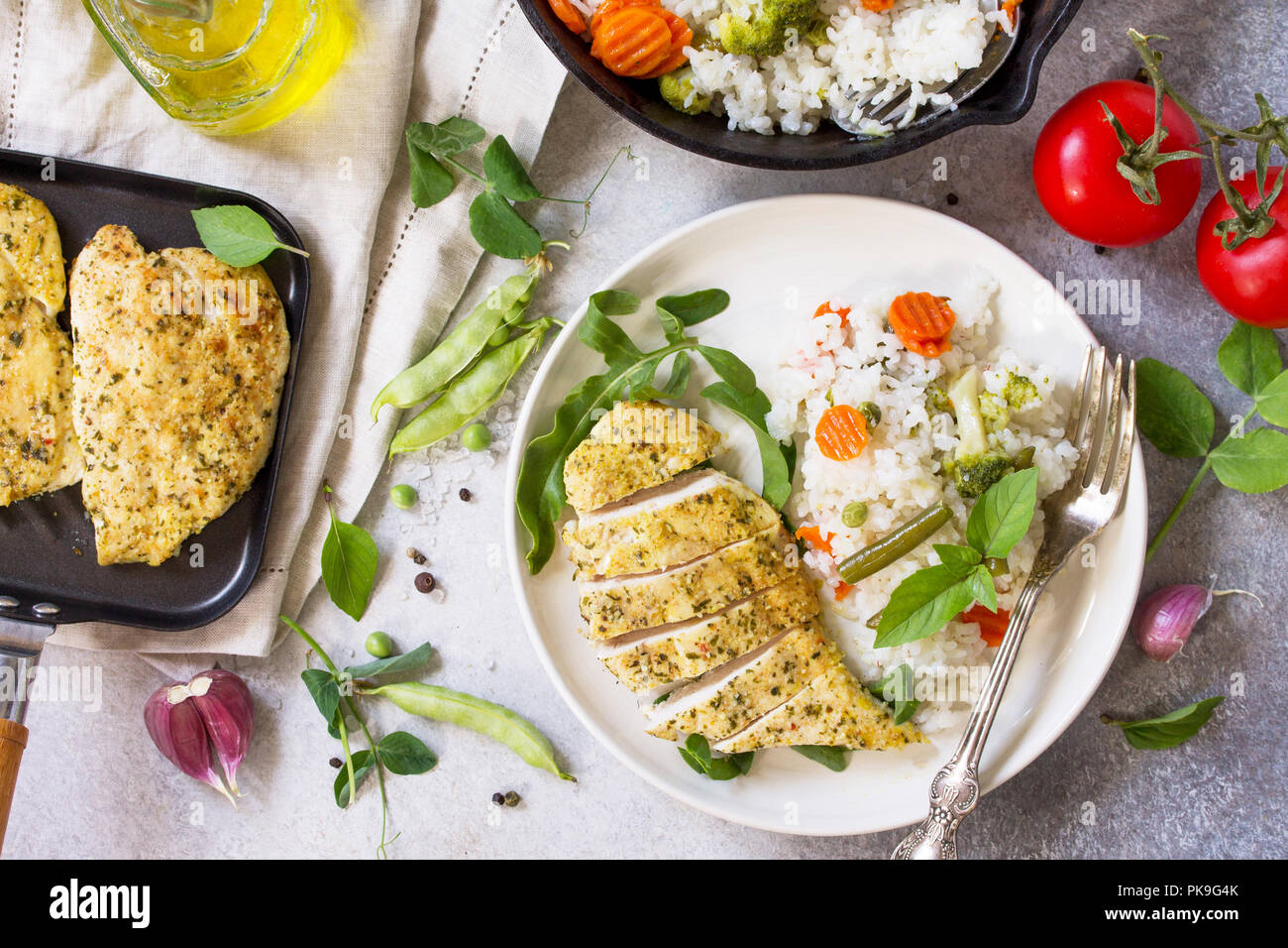 Healthy food: Roast chicken meat and Fried rice with vegetables. Diet ...