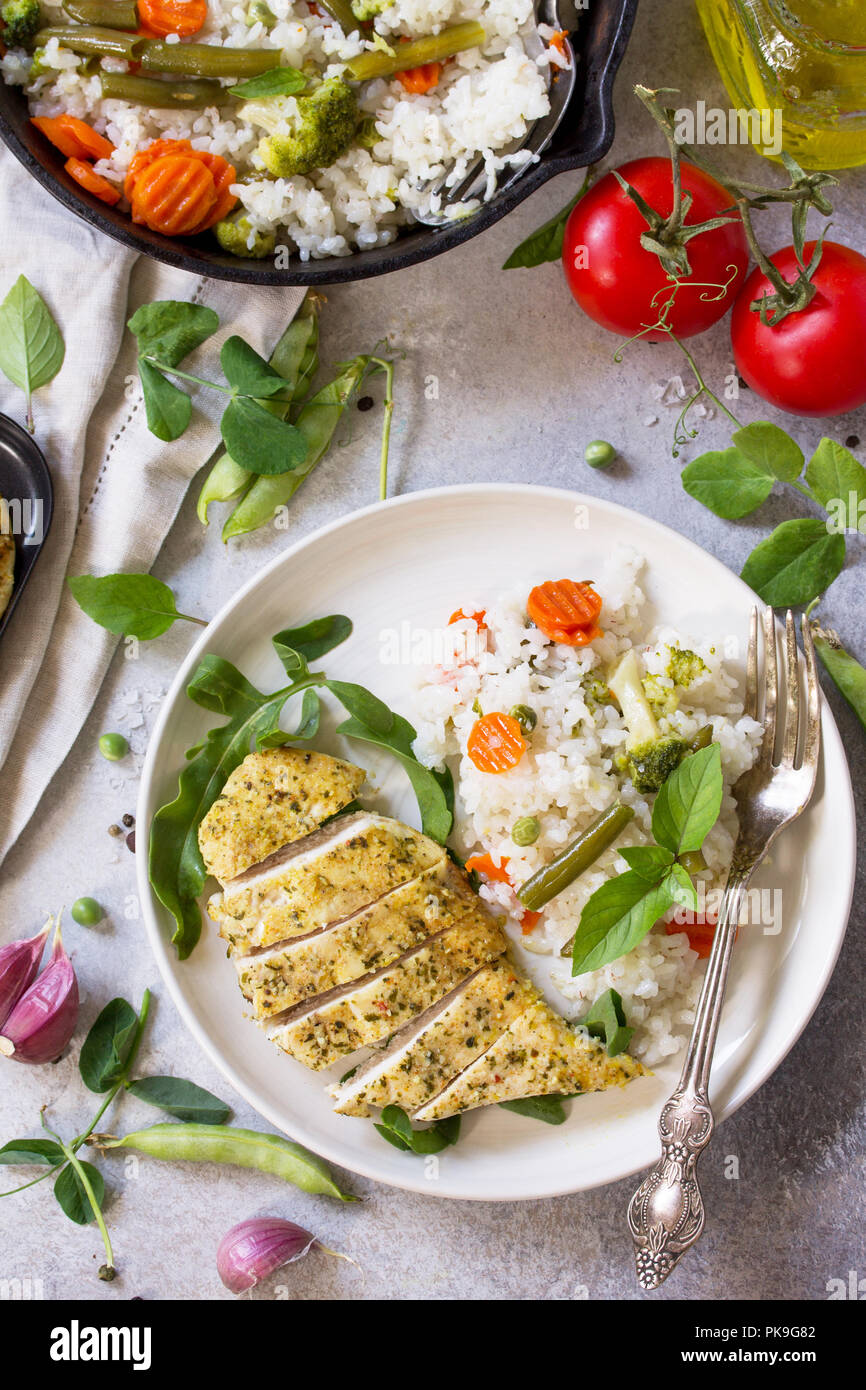 Healthy food: Roast chicken meat and Fried rice with vegetables. Diet ...