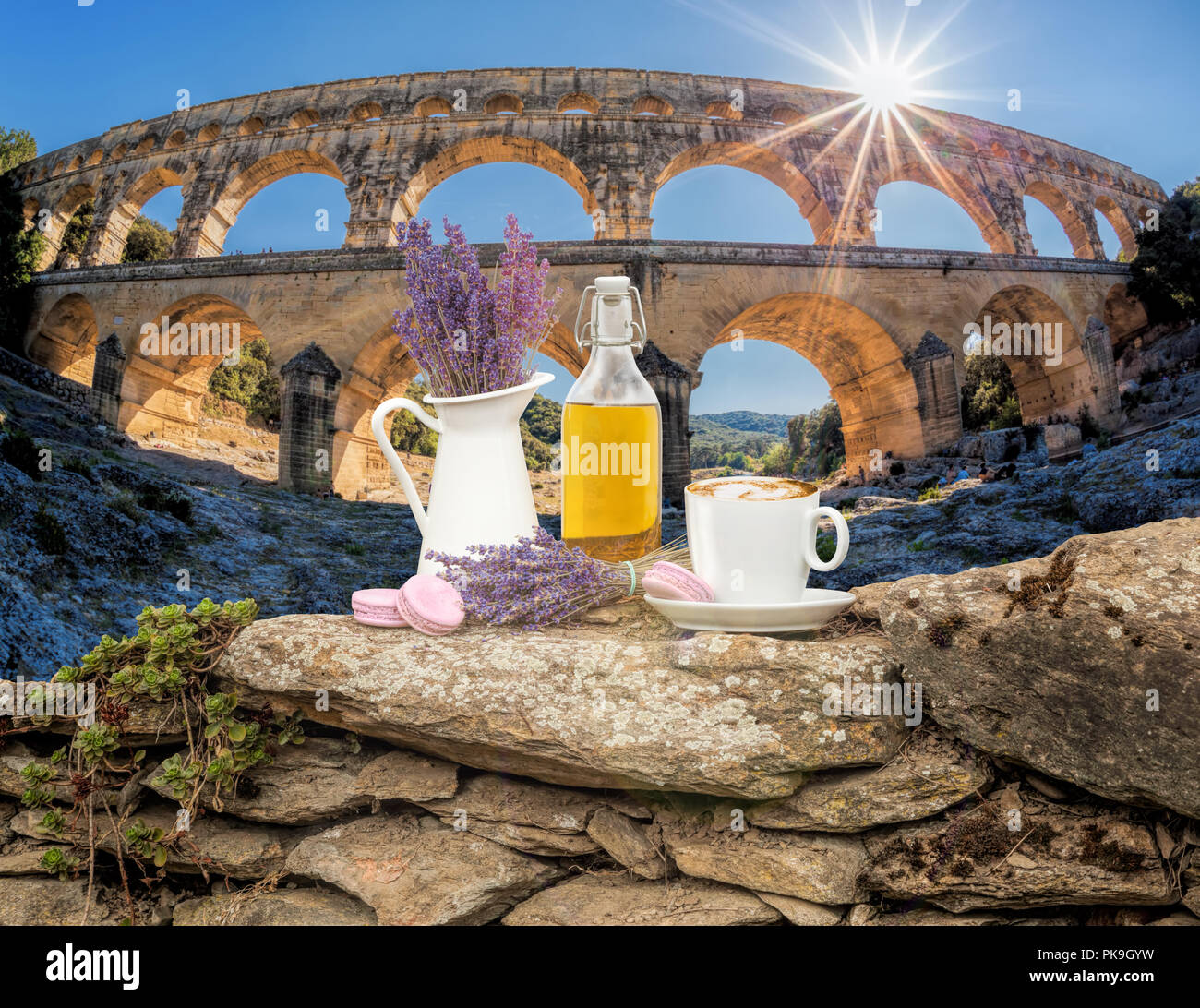 Lavender still life against Pont du Gard aqueduct in Provence, France ...