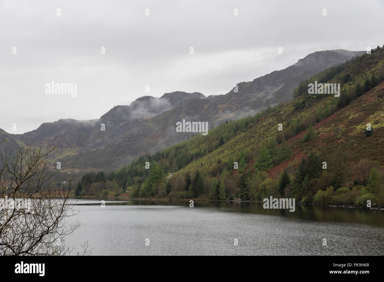 Rainy spring day at Llyn Crafnant near Trefriw in Snowdonia, North ...