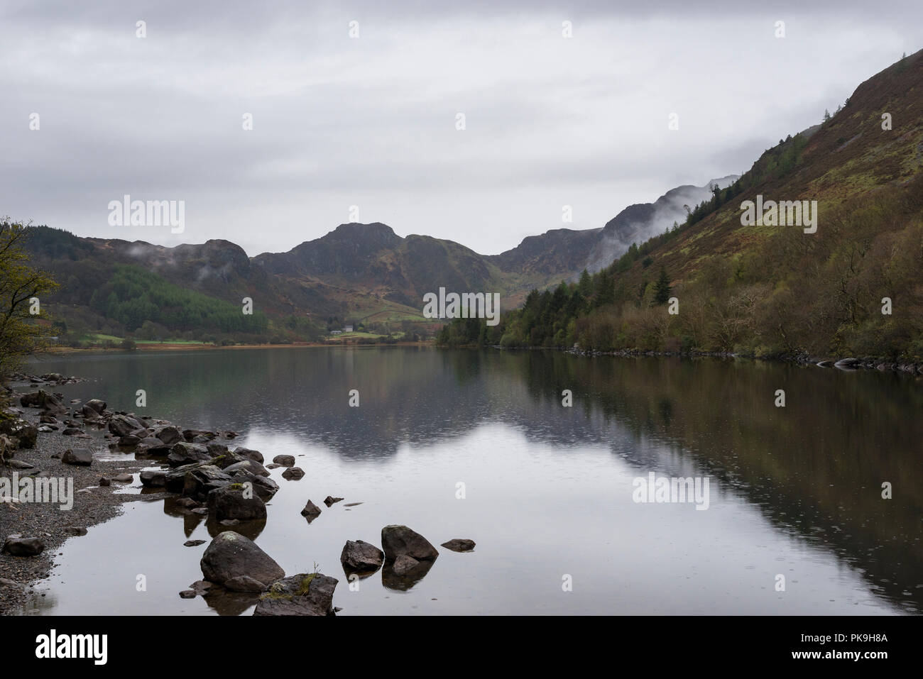 Rainy spring day at Llyn Crafnant near Trefriw in Snowdonia, North ...