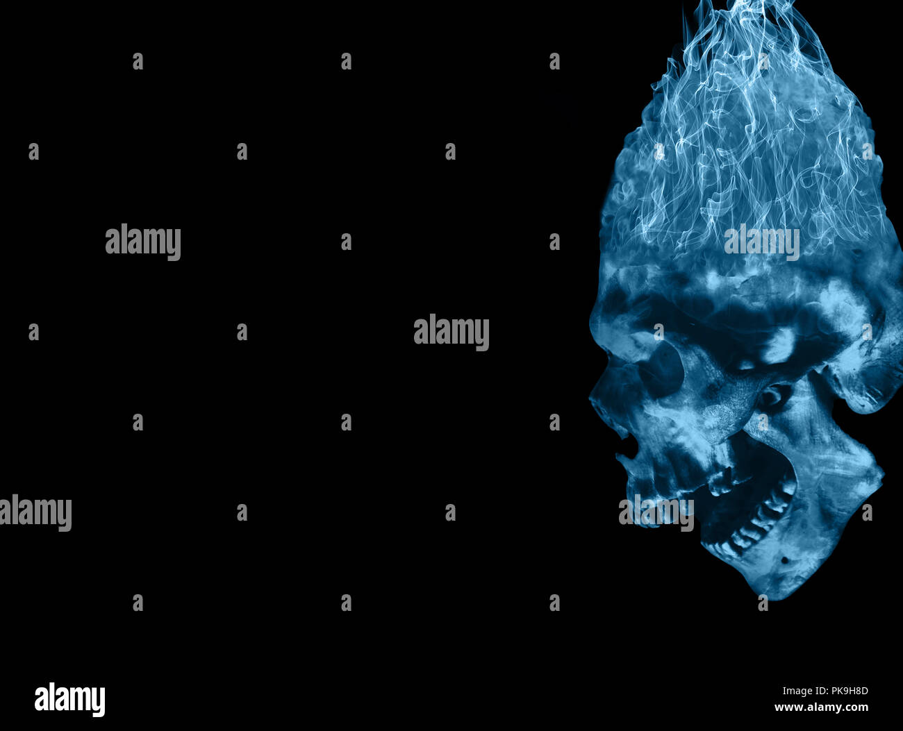 Abstract powerful fiery evil cyan demon skull on a black background ...