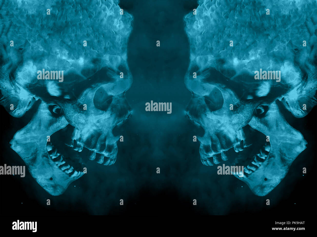 Abstract two powerful fiery evil cyan demon skulls on a cyan smoke ...