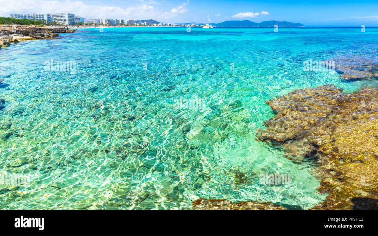 Beautiful panorama view of seaside beach at Cala Millor, beautiful ...