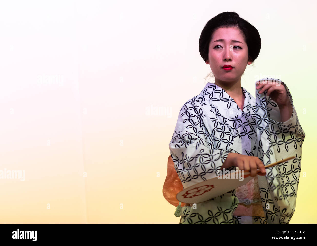 Maiko woman dancing on stage during a stage, Kansai region, Kyoto ...