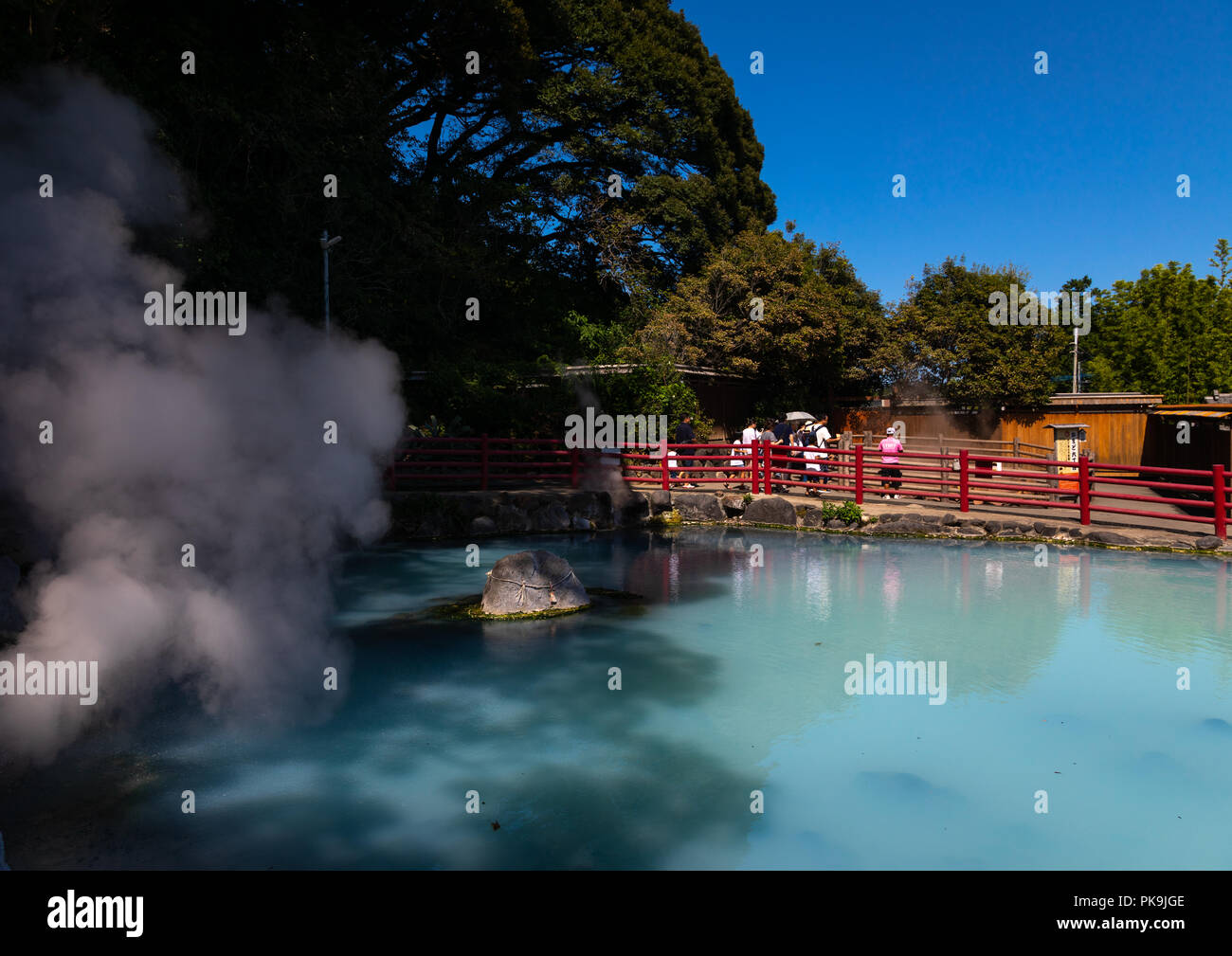 Pond with turquoise color in Kamado jigoku cooking pot hell, Oita ...