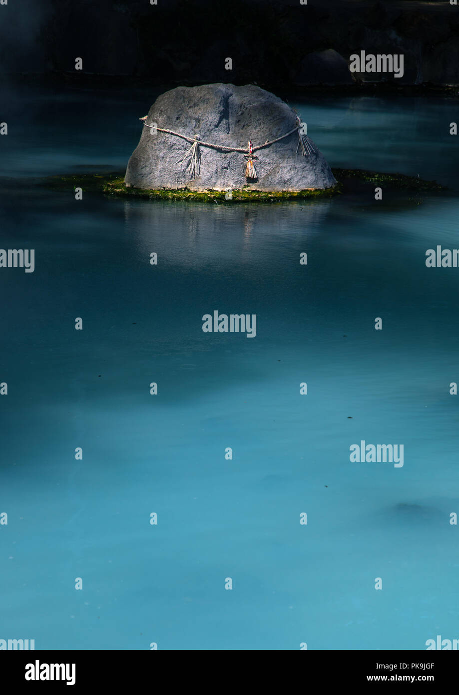 Pond with turquoise color in Kamado jigoku cooking pot hell, Oita ...