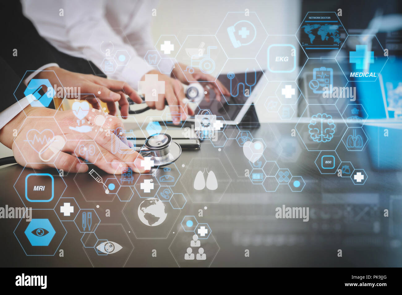 Health care and medical technology services concept with flat line AR ...