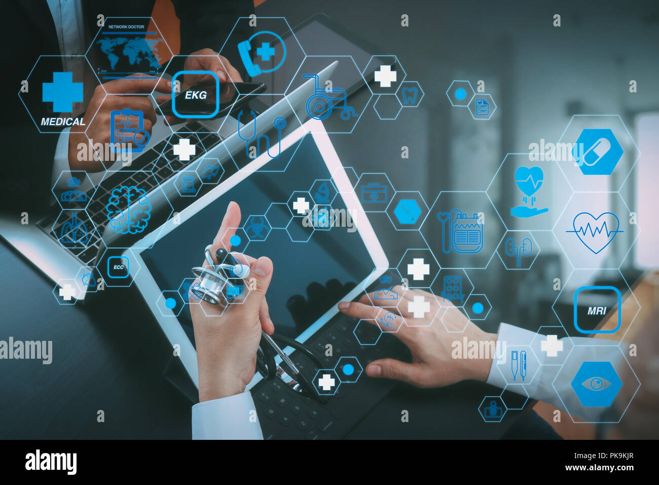 Health care and medical technology services concept with flat line AR ...
