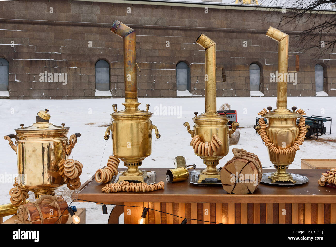 Russian samovars with tea and bagels on the street in winter Stock ...