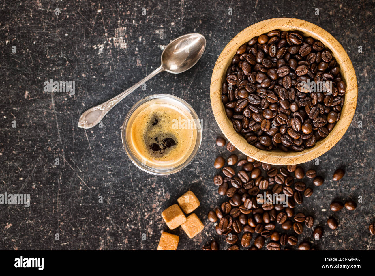 Coffee beans and espresso coffee. Top view Stock Photo - Alamy