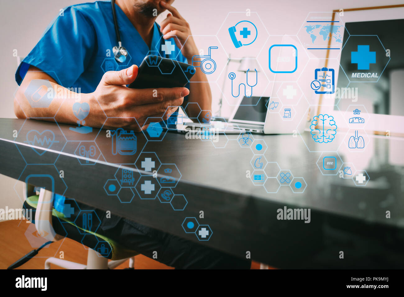 Health care and medical technology services concept with flat line AR ...