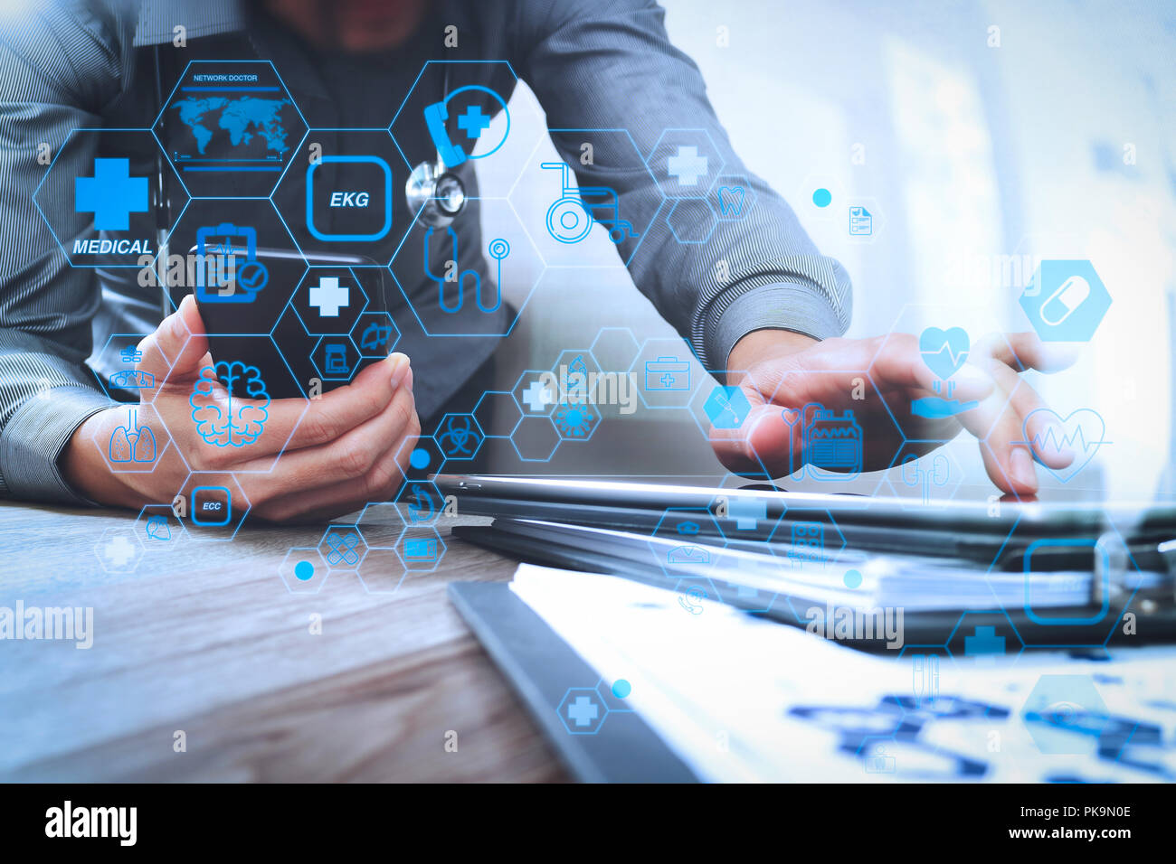 Health care and medical technology services concept with flat line AR ...