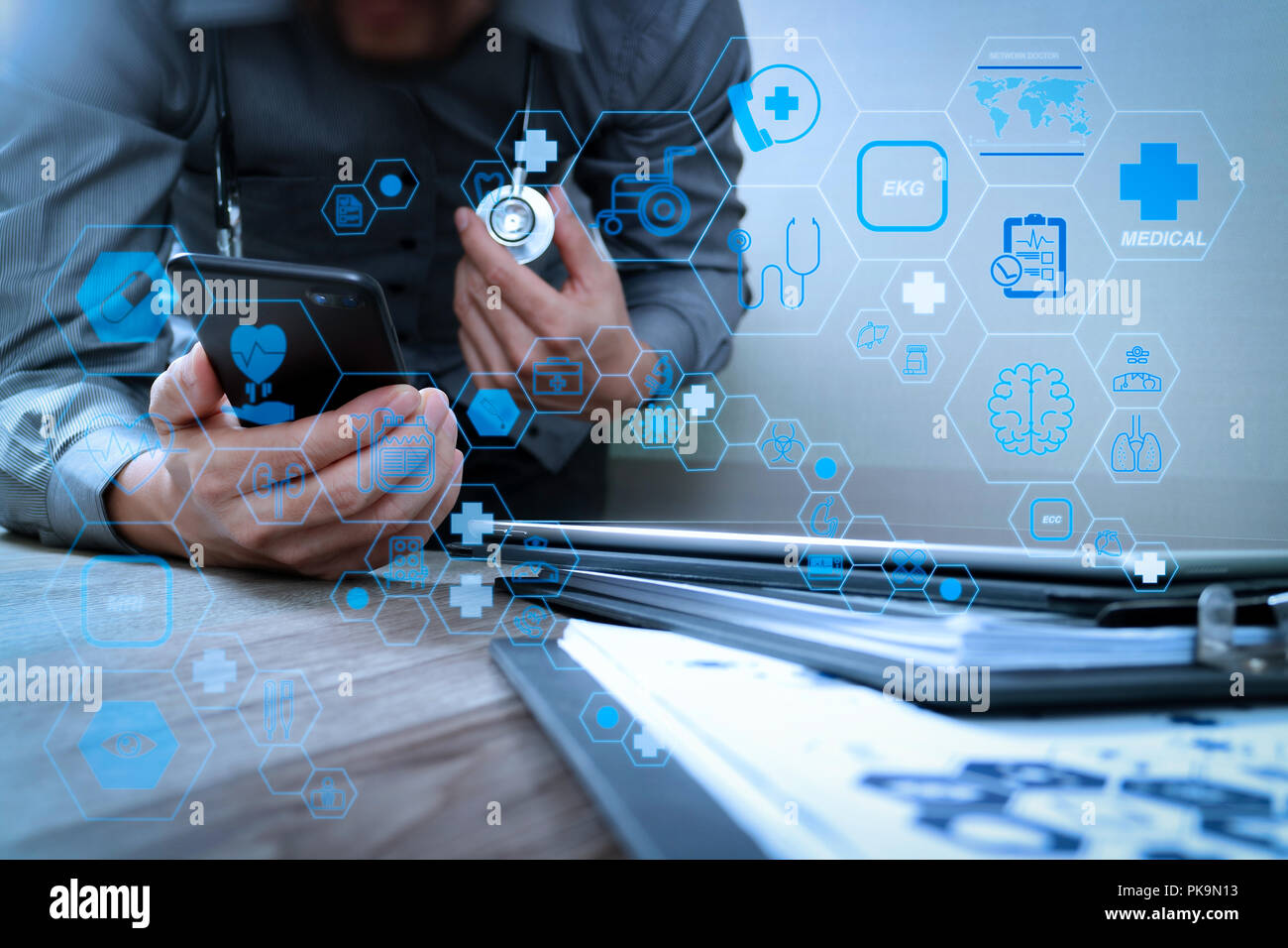 Health care and medical technology services concept with flat line AR ...