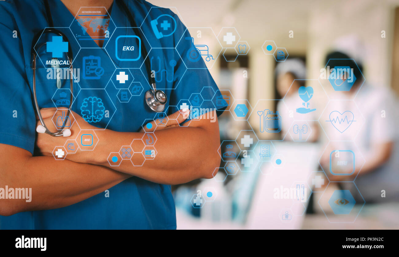 Health care and medical technology services concept with flat line AR ...