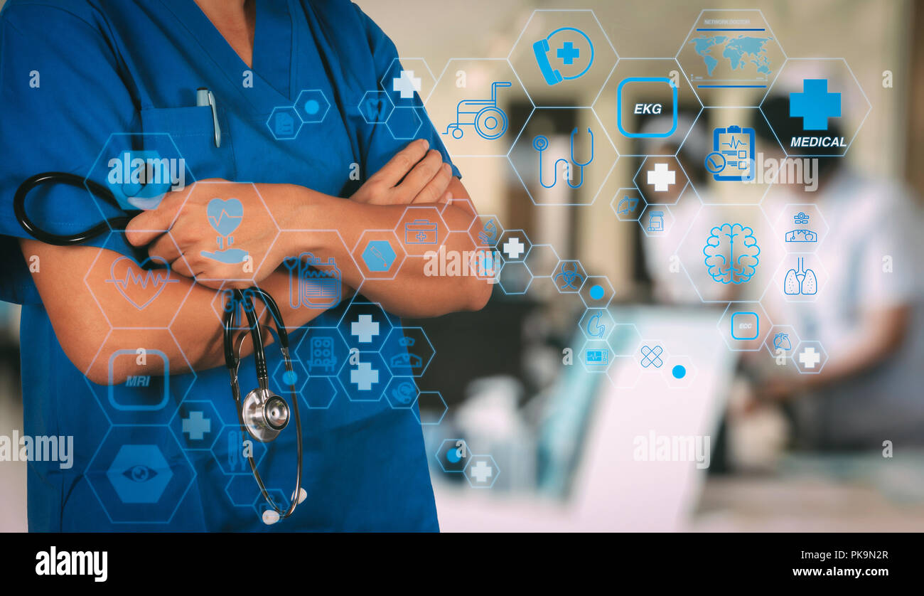 Health care and medical technology services concept with flat line AR ...