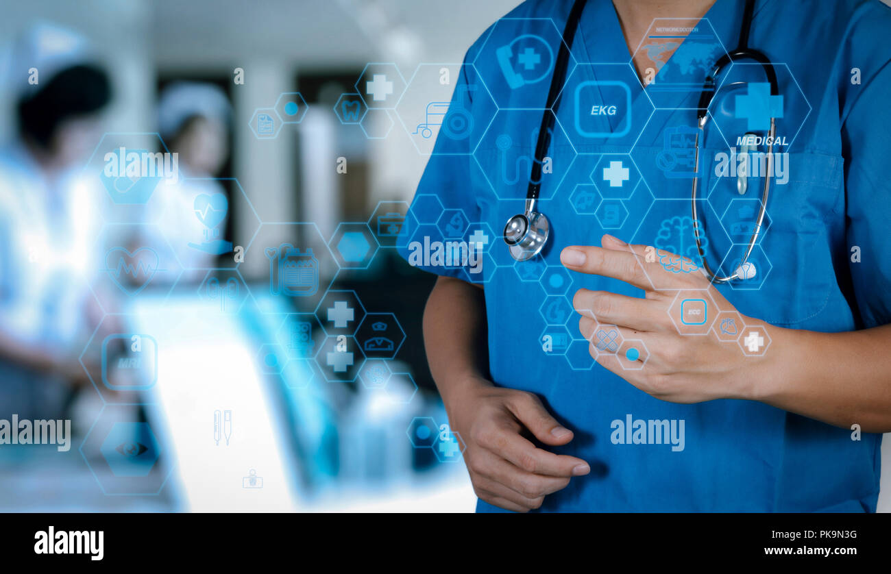 Health care and medical technology services concept with flat line AR ...