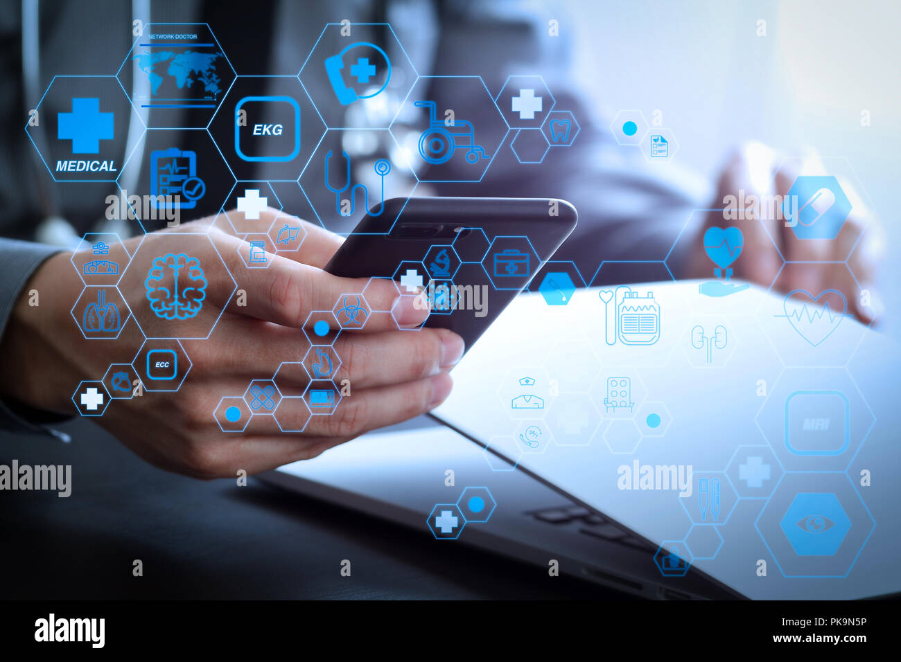 Health care and medical technology services concept with flat line AR ...