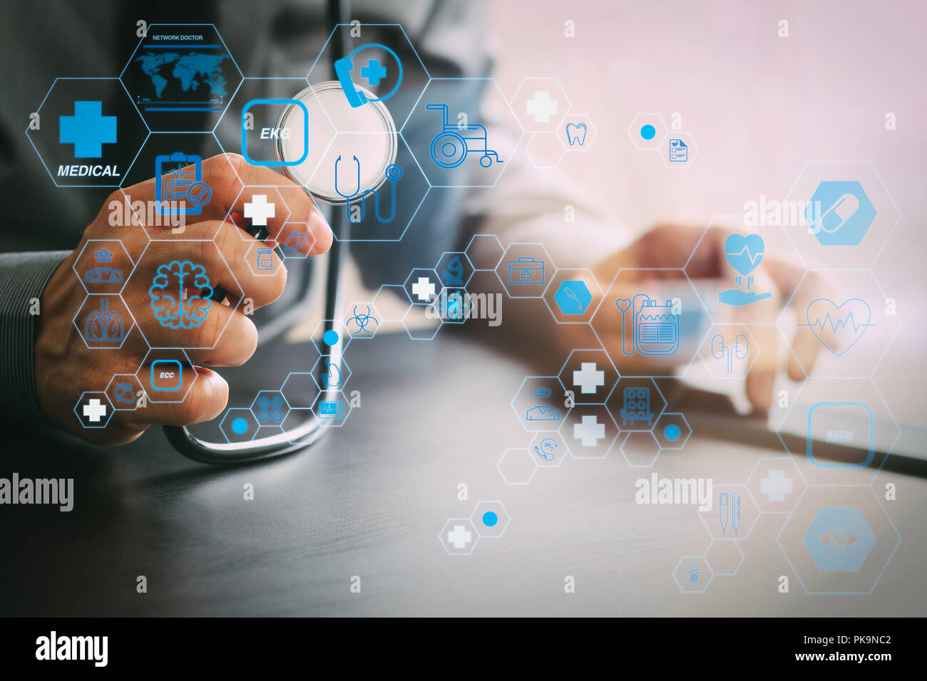 Health care and medical technology services concept with flat line AR ...