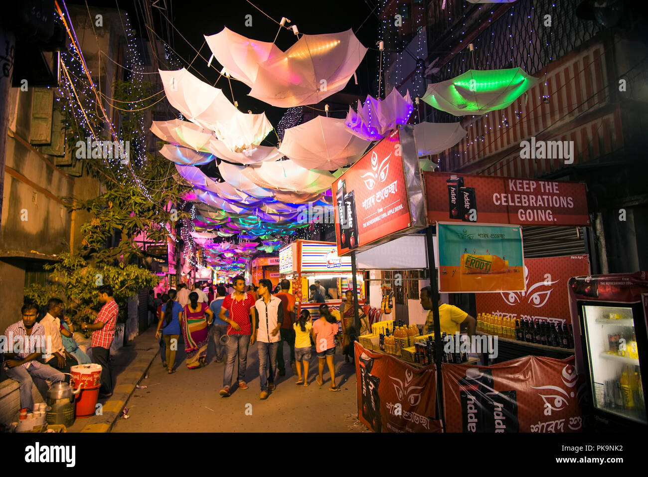 Durgapuja,illumination,at night,food stalls,Kolkata,by night,India ...
