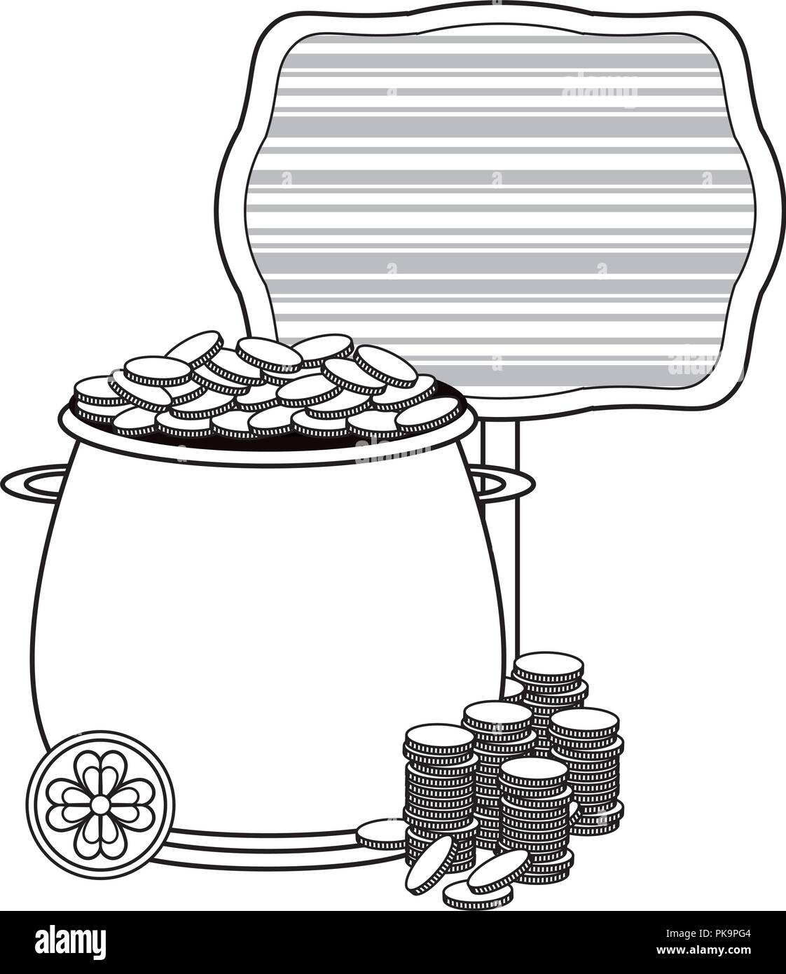 Pot with coins and blank wooden sign in black and white Stock Vector ...