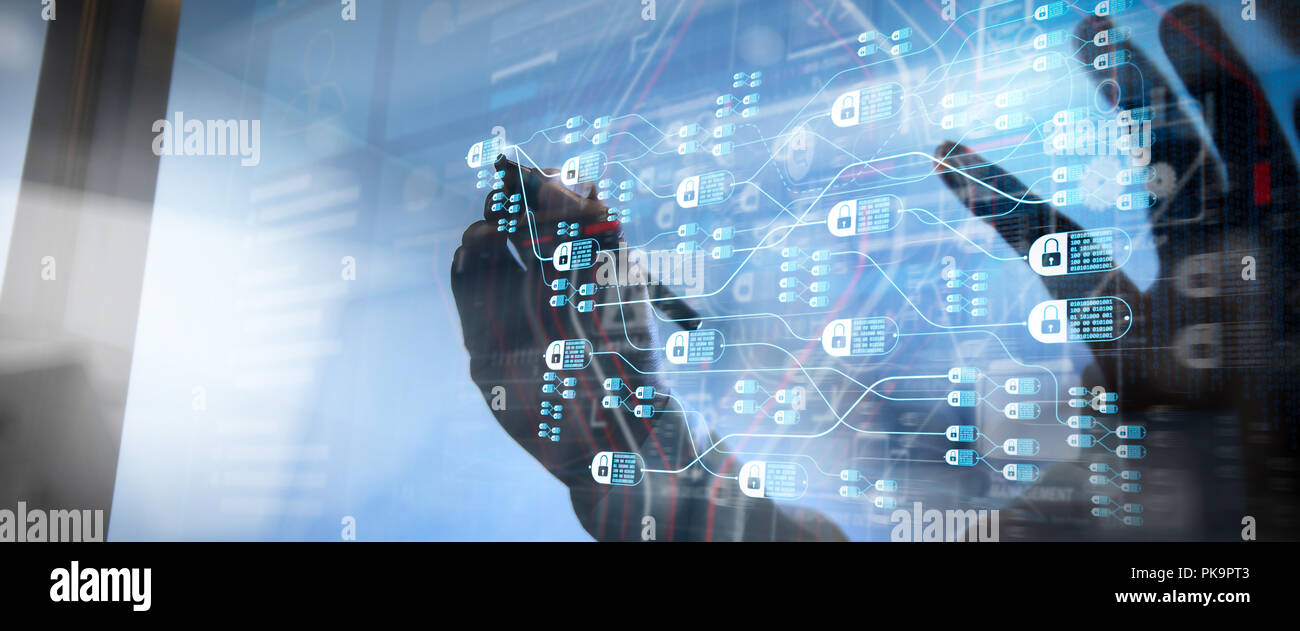 Blockchain technology concept with diagram of chain and encrypted ...
