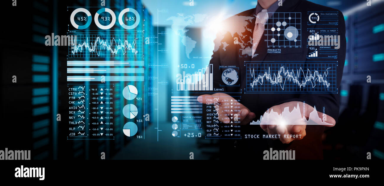 Investor analyzing stock market report and financial dashboard with ...