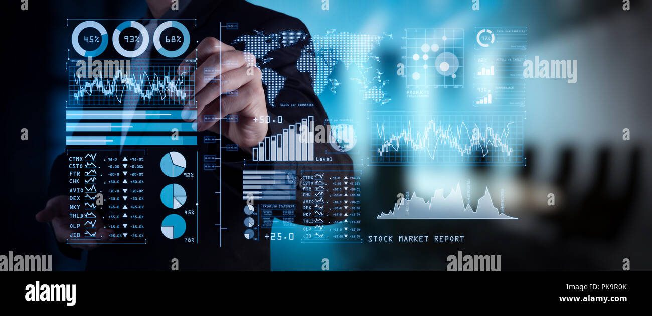 Investor analyzing stock market report and financial dashboard with ...