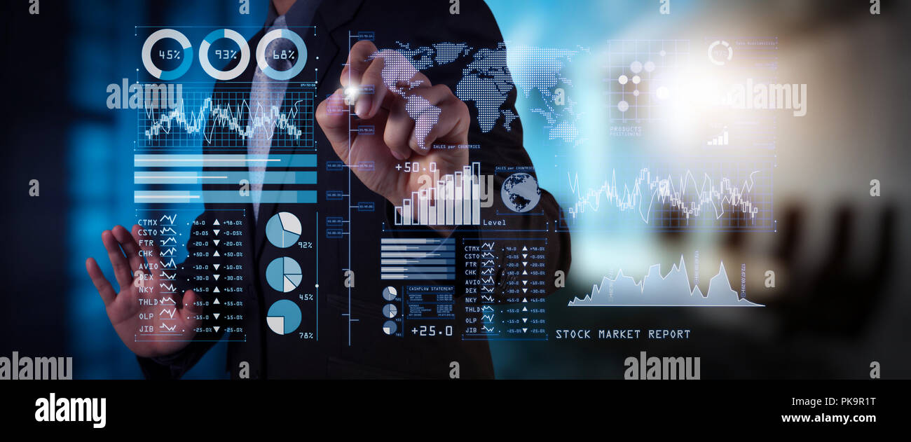 Investor analyzing stock market report and financial dashboard with ...