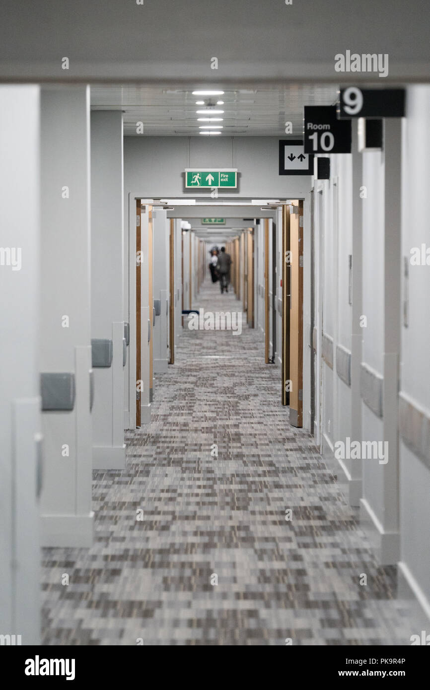 Views of a long corridor inside the ExCeL exhibition centre in East ...