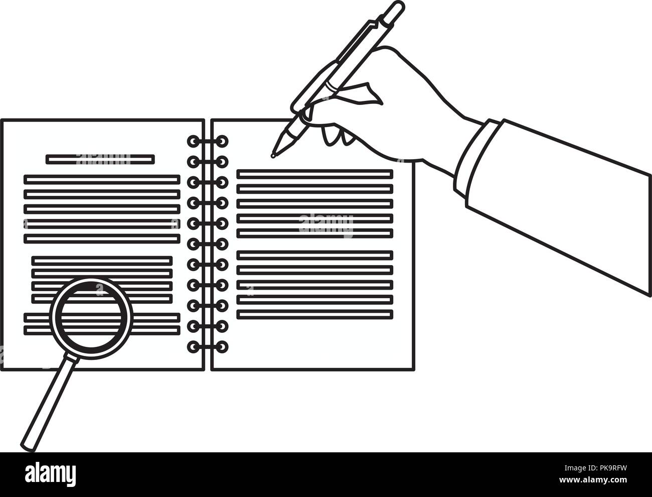 Hand writing on notebook with magnifying glass in black and white Stock ...