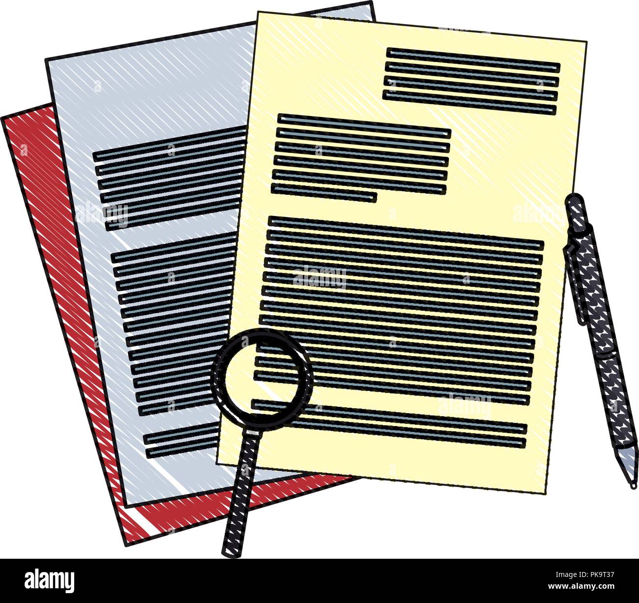 Documents and magnifying glass with pen scribble Stock Vector Image ...