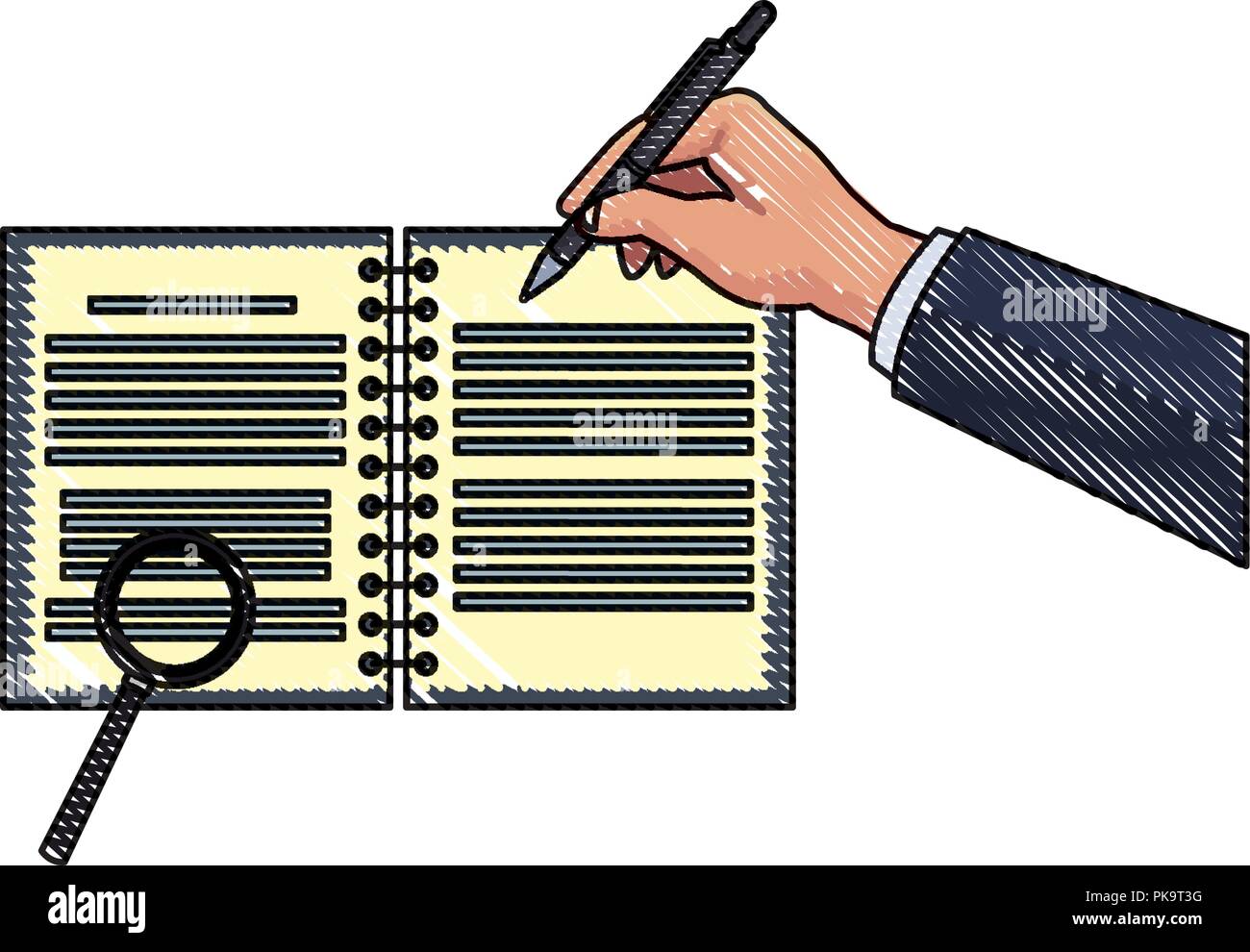 Hand writing on notebook with magnifying glass scribble Stock Vector ...