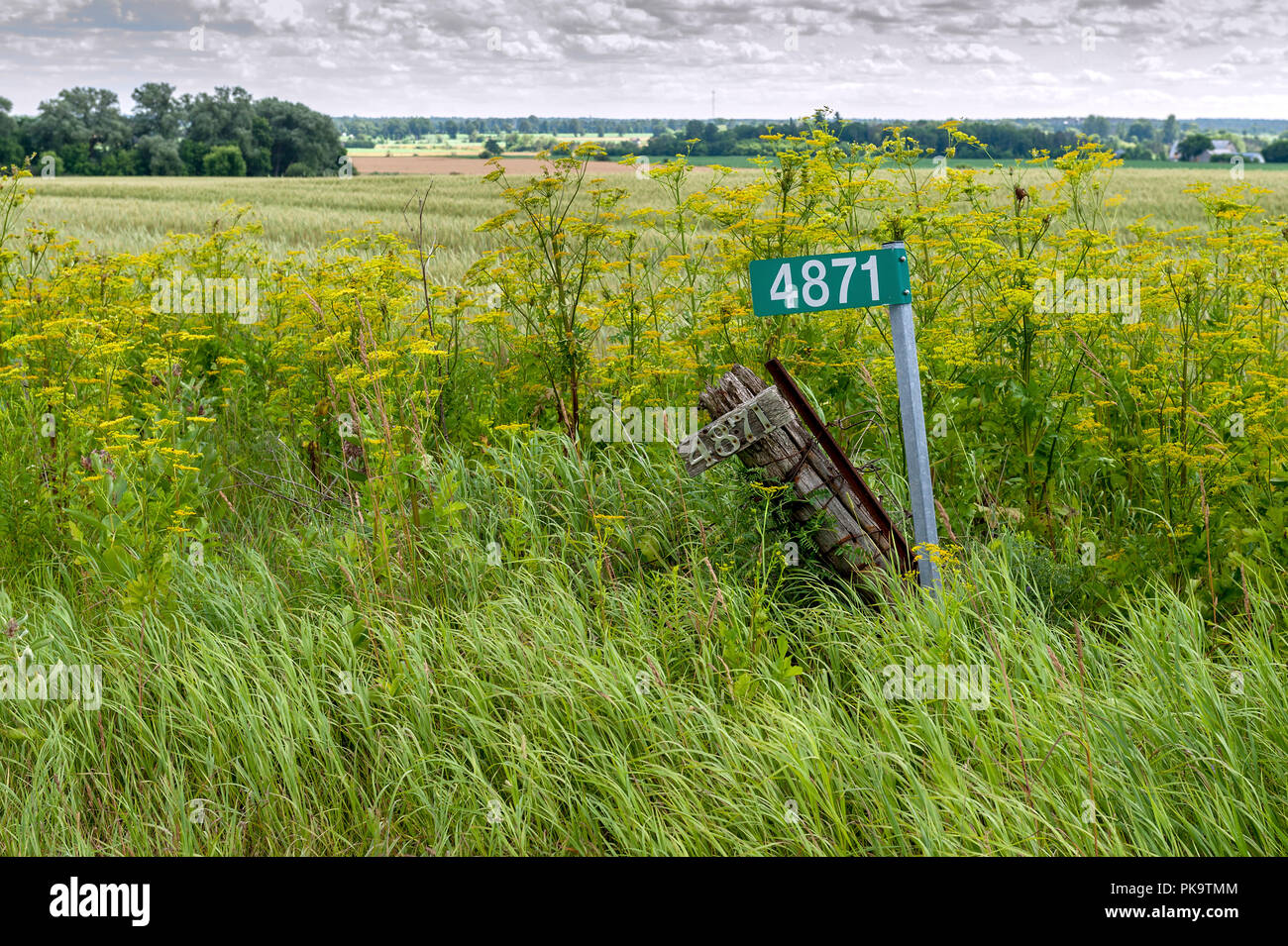 decaying fence post and house number next to new metal address post and ...