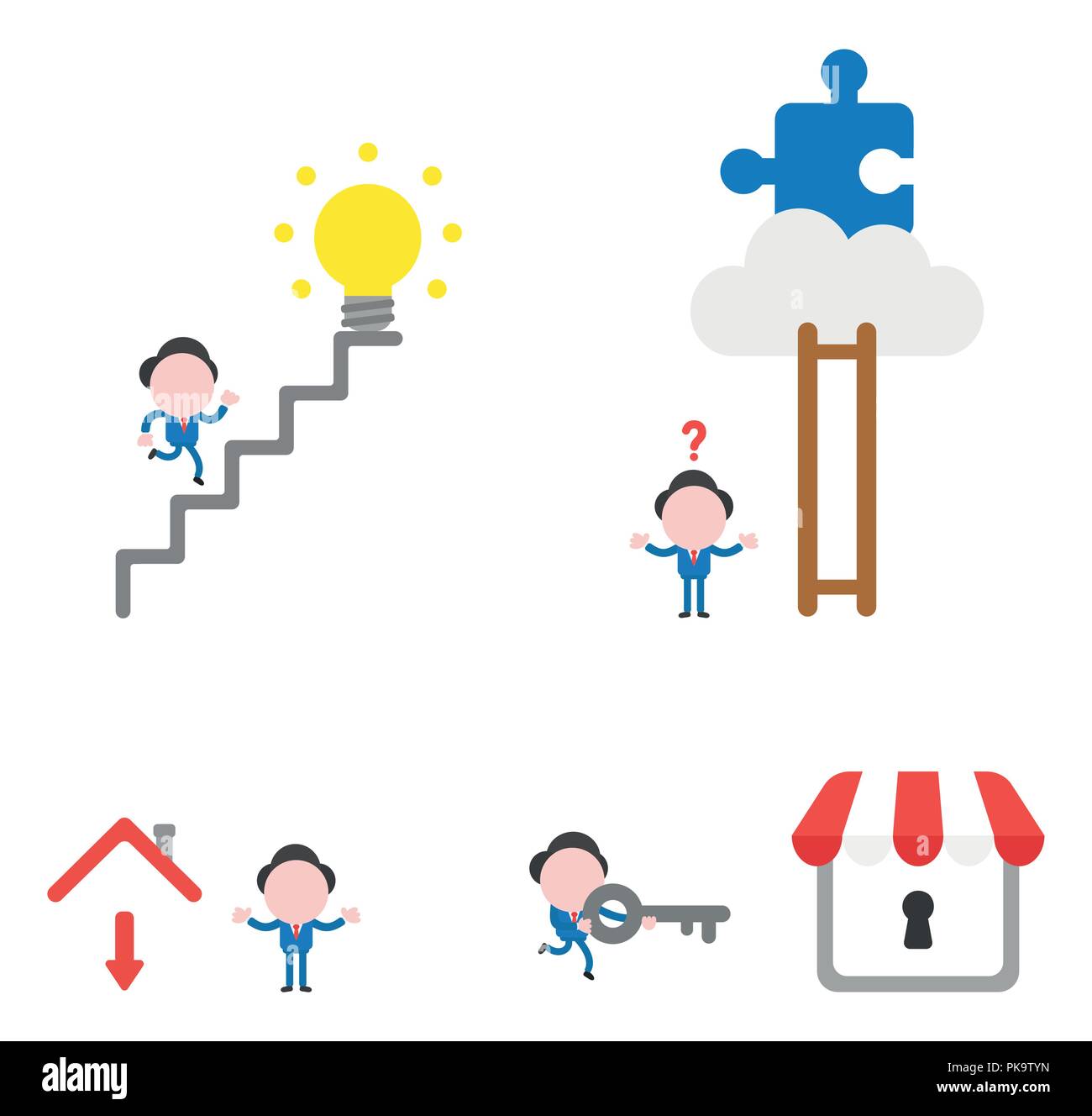 Vector illustration set of businessman character running to light bulb ...