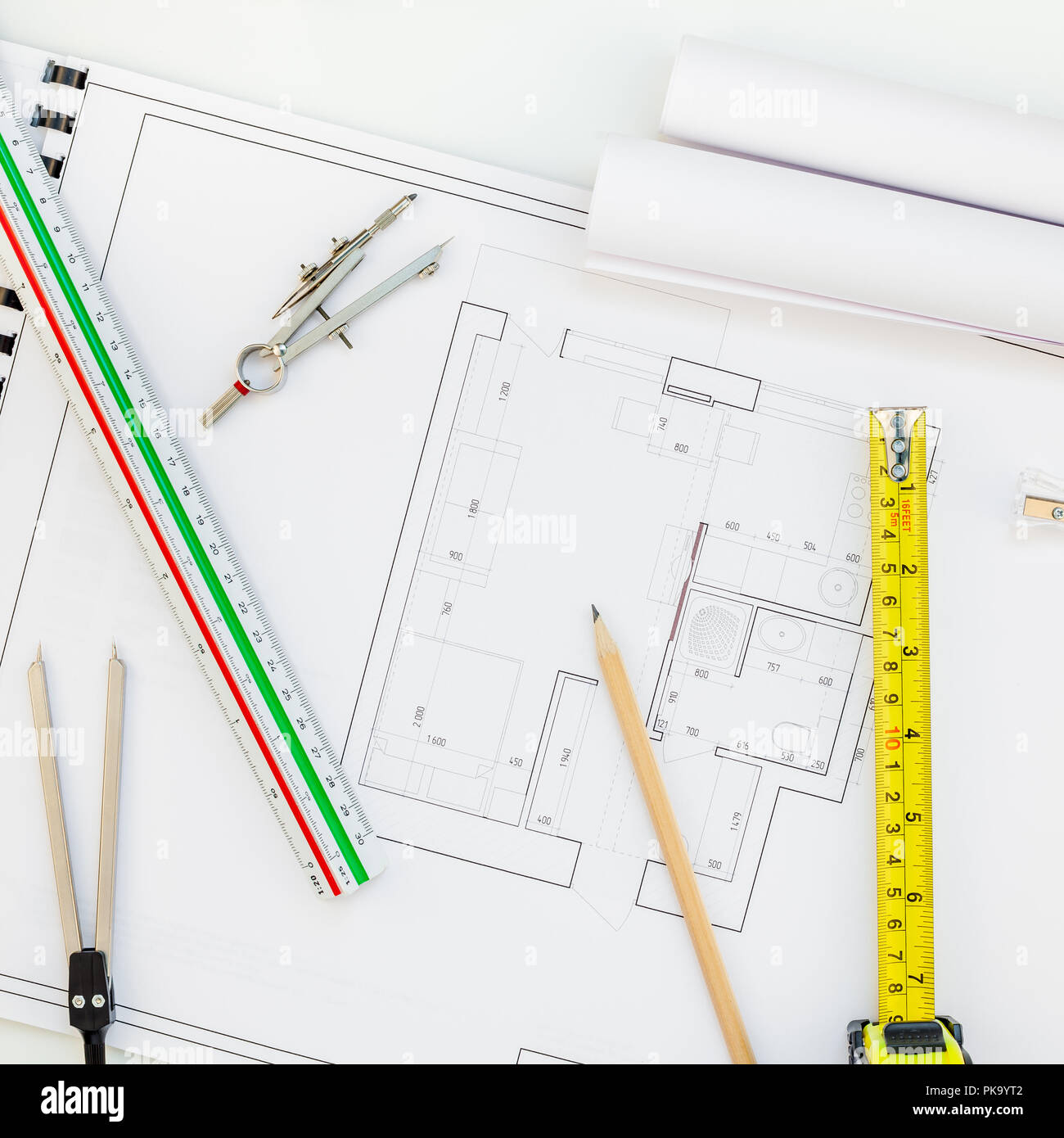 Creative flat lay overhead top view blueprints architectural flat ...