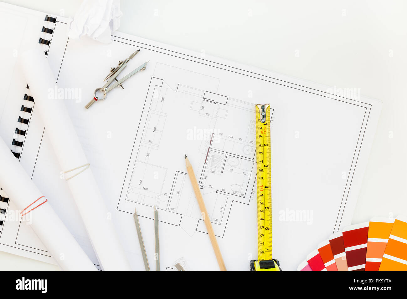 Creative flat lay overhead top view blueprints architectural flat ...