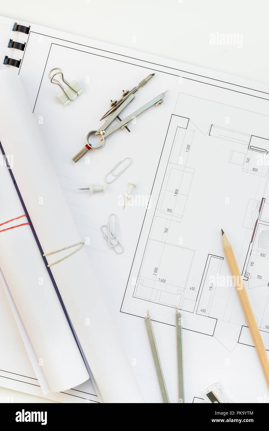 Creative flat lay overhead top view blueprints architectural flat ...