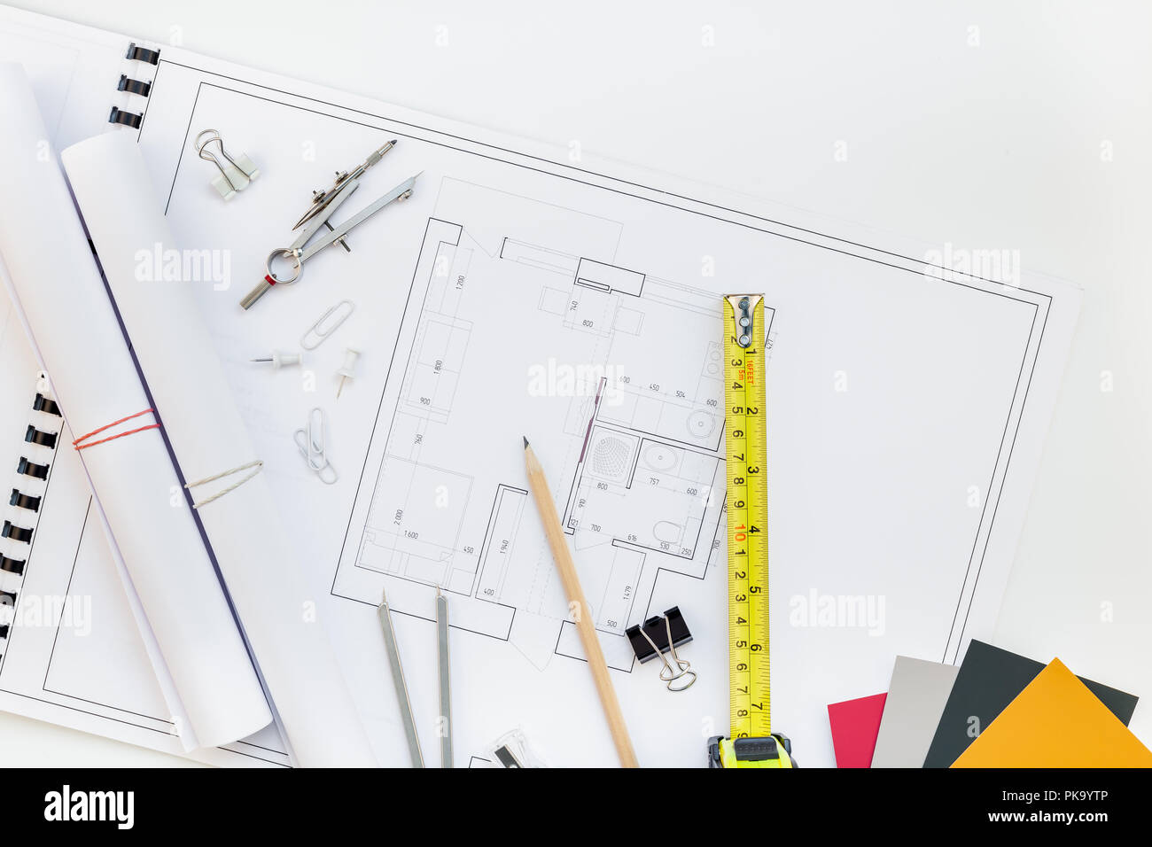 Creative flat lay overhead top view blueprints architectural flat ...