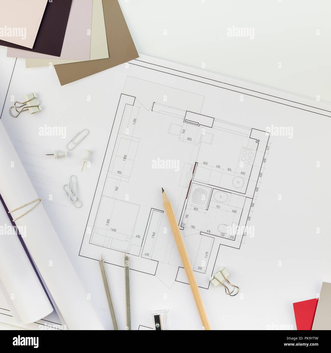 Creative flat lay overhead top view blueprints architectural flat ...