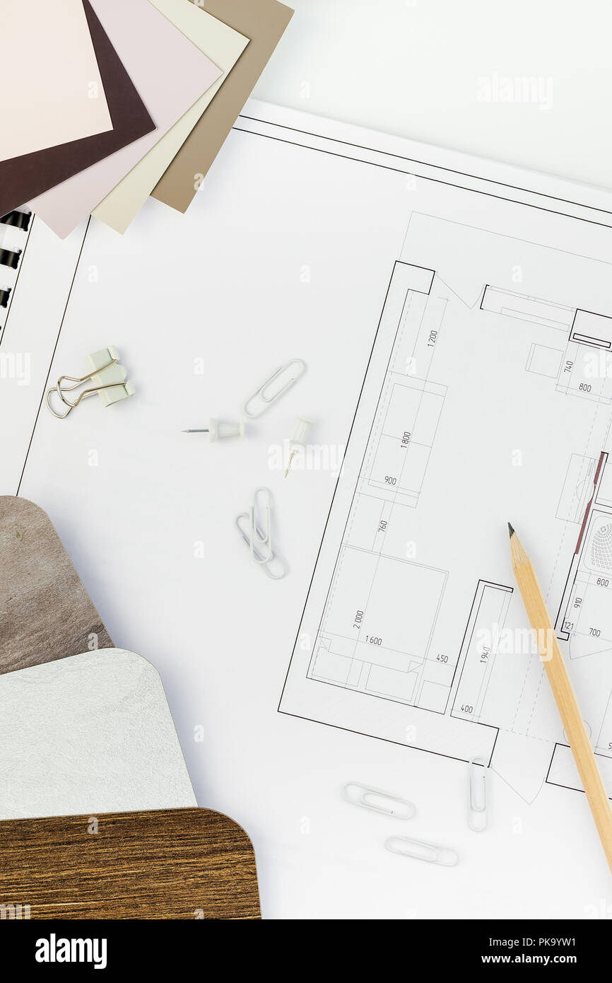 Creative flat lay overhead top view blueprints architectural flat ...