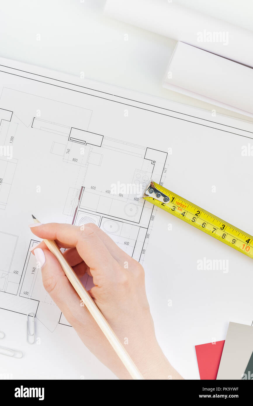 Creative flat lay overhead top view blueprints architectural flat ...